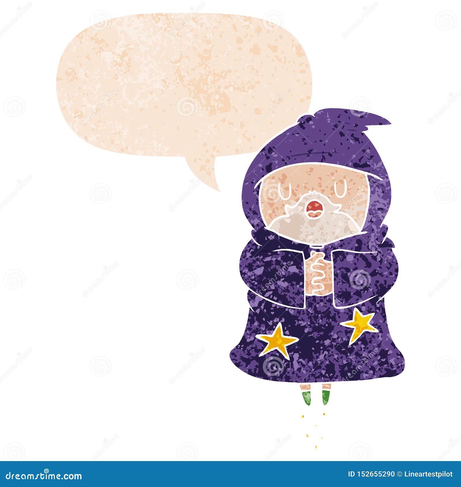 A Creative Cartoon Floating Wizard and Speech Bubble in Retro Textured ...