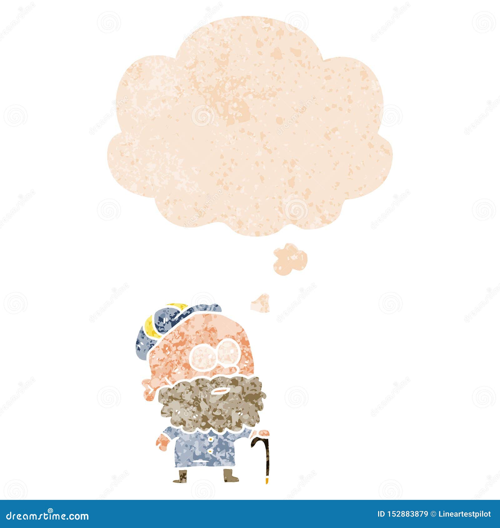 A Creative Cartoon Old Man With Walking Stick And Thought Bubble In