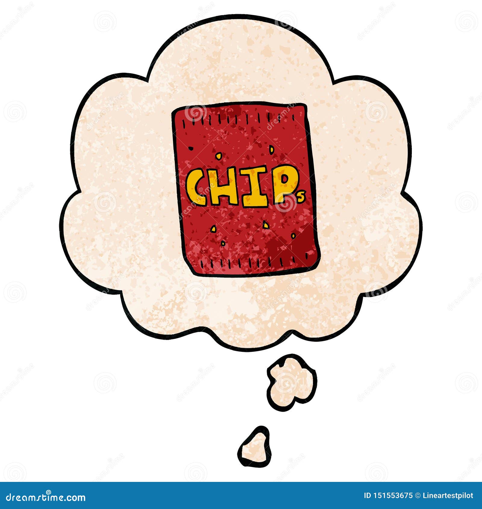 A Creative Cartoon Packet of Chips and Thought Bubble in Grunge Texture ...