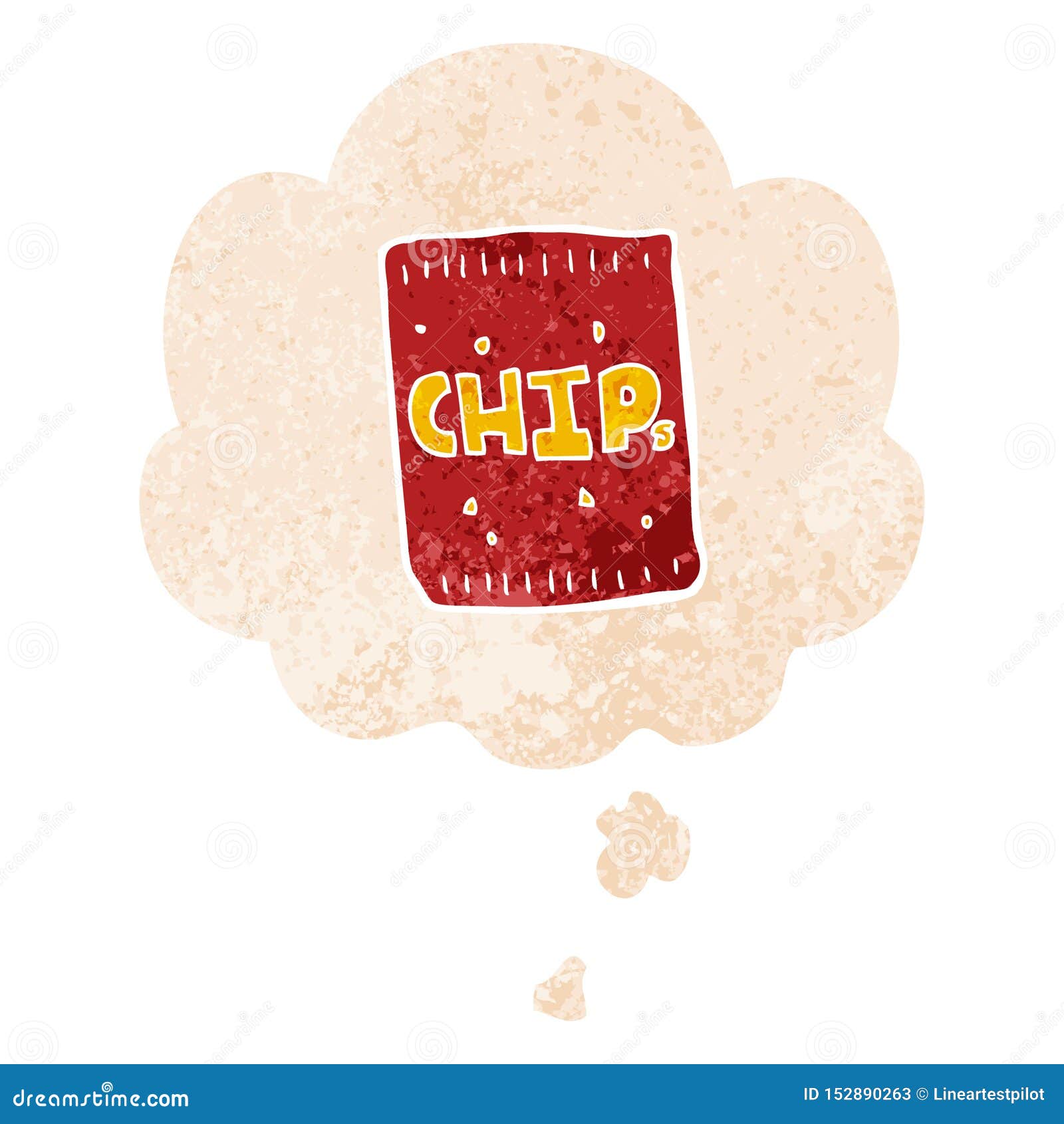 A Creative Cartoon Packet of Chips and Thought Bubble in Retro Textured ...