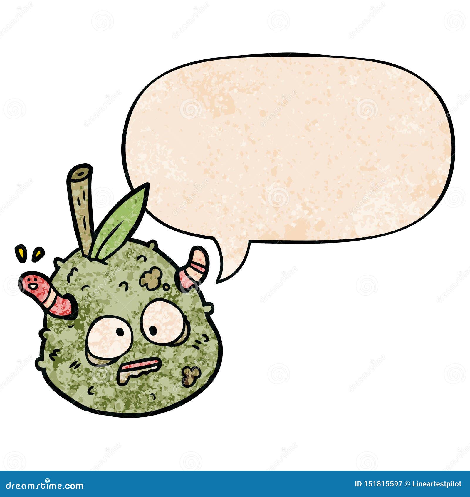 A Creative Cartoon Rotting Old Pear and Worm and Speech Bubble in Retro ...