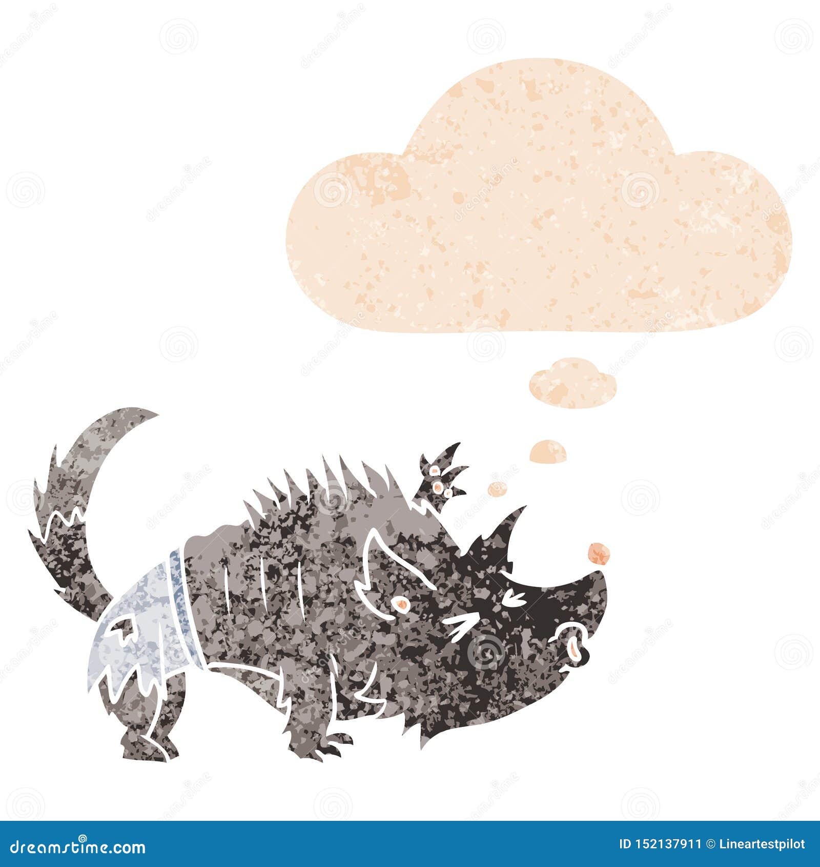 A Creative Cartoon Werewolf and Thought Bubble in Retro Textured Style ...