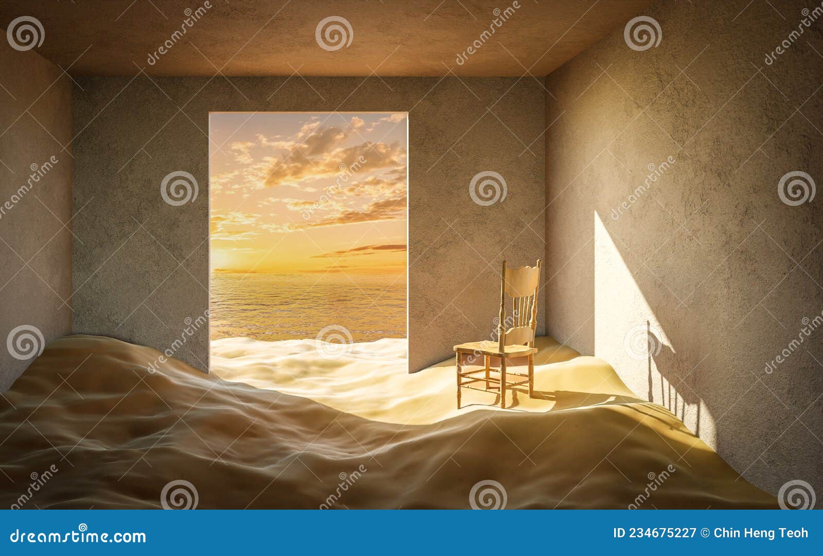 Creative a Chair and Sunset View of Old Empty Room Fill with Sand Stock ...