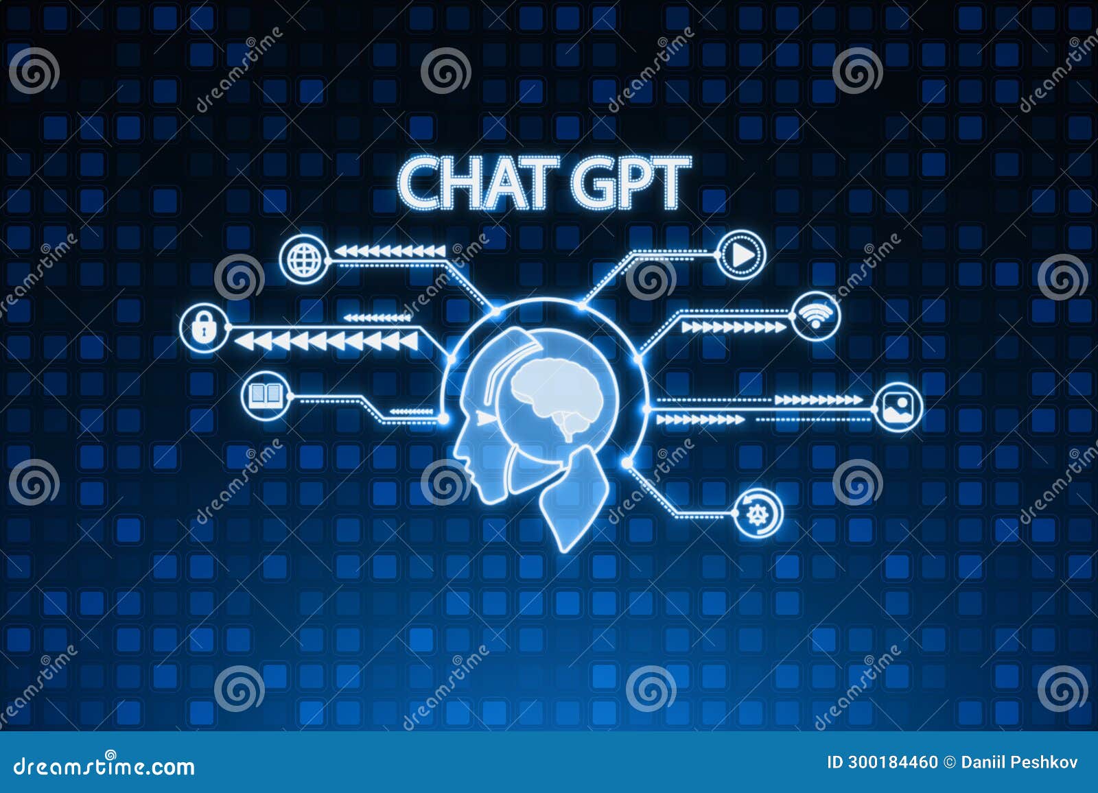 Creative Chat GPT Hologram with Robot Head and Various Icons on Blurry ...