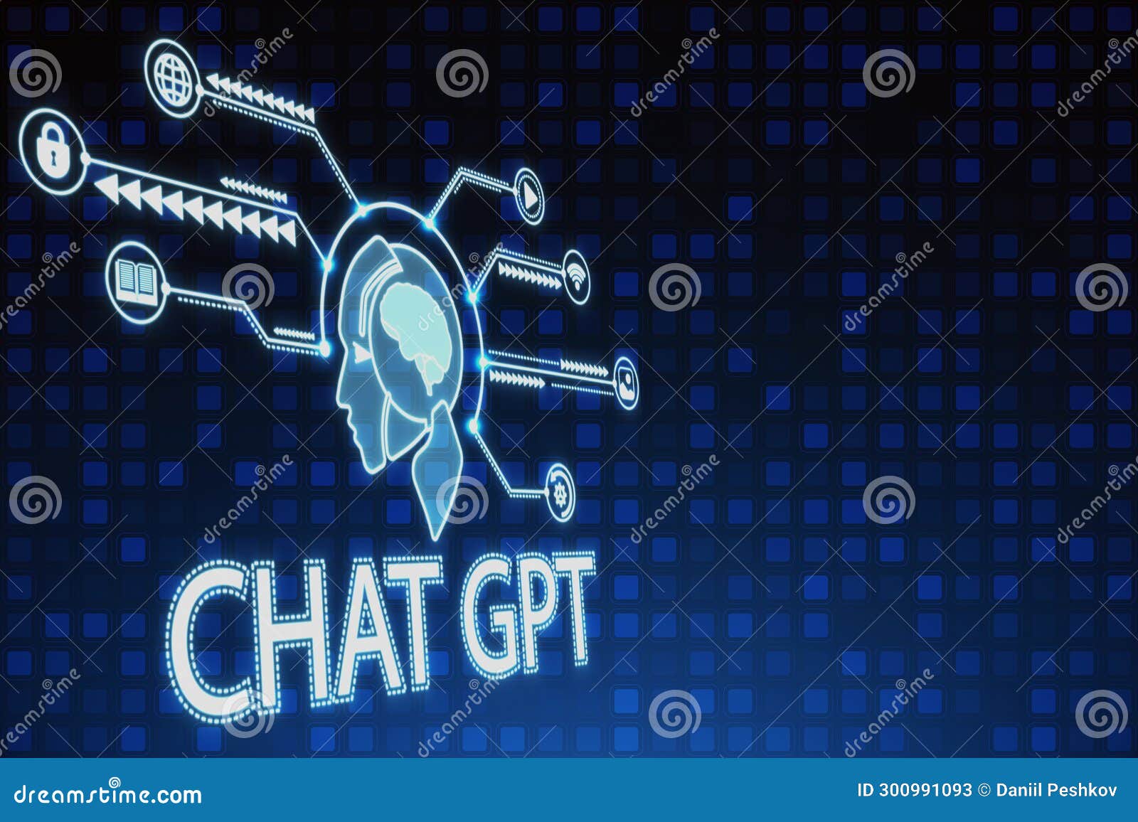 Creative Chat GPT Hologram with Robot Head and Various Icons on Blurry ...