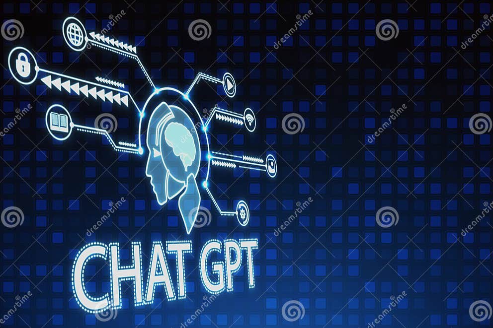 Creative Chat GPT Hologram with Robot Head and Various Icons on Blurry ...