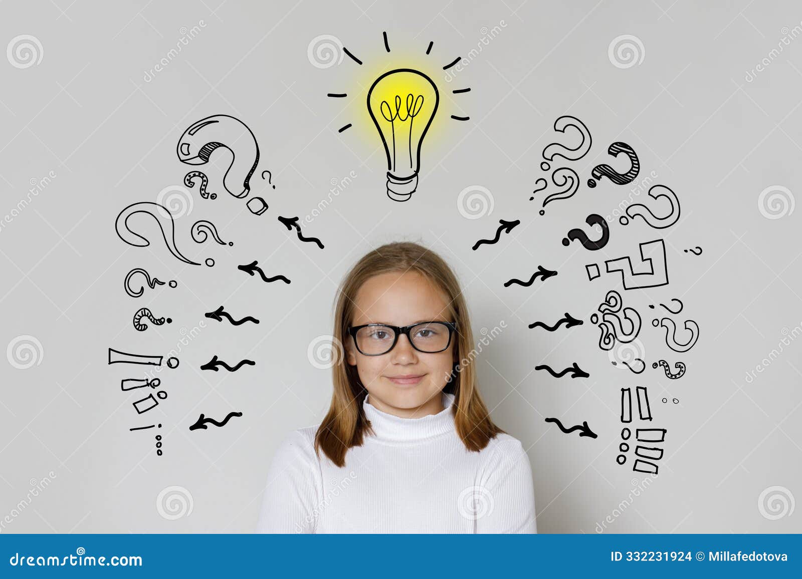 Creative Child Girl with Light Bulb and Question Marks on White ...