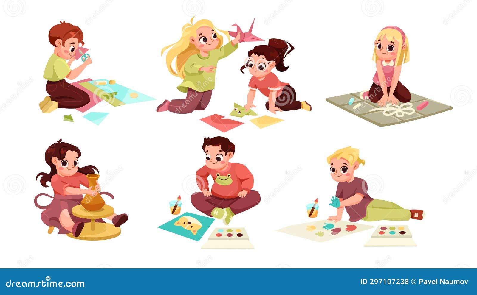 Creative Children on the Floor Engaged in Workshop Activity Vector Set ...