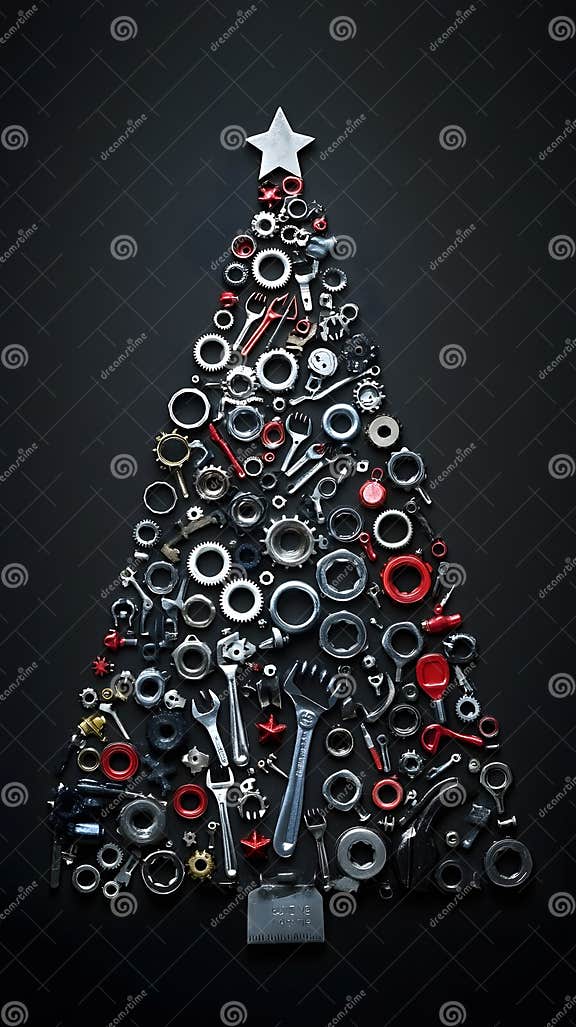 Christmas Tree Made of Tools and Hardware on Black Background Stock ...