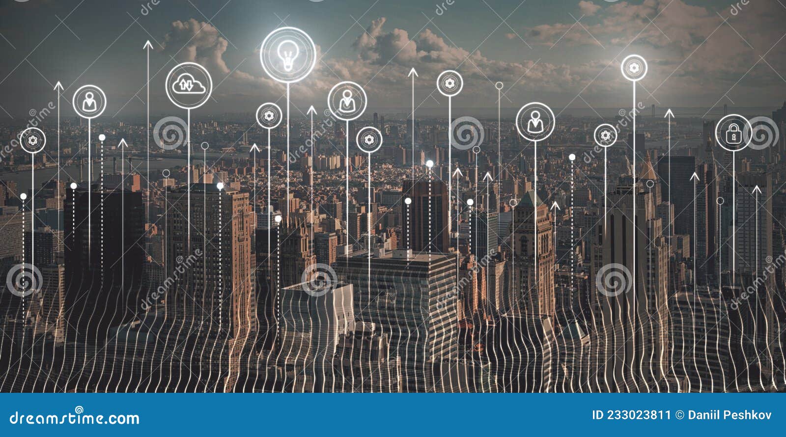 Creative City Background with Glowing Connections. Urban Technology ...