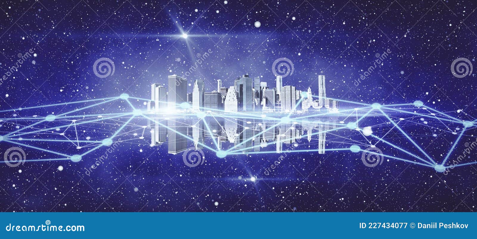 Creative City Skyline with Reflections and Polygonal Network ...