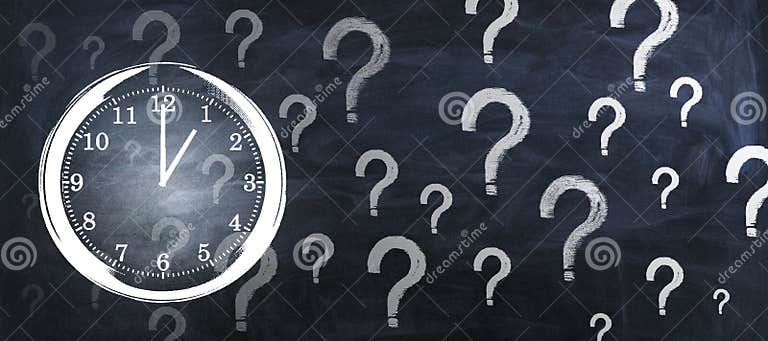 Creative Clock and Question Marks Sketch on Chalkboard Wall Backdrop ...