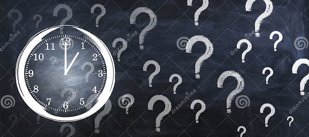 Creative Clock and Question Marks Sketch on Chalkboard Wall Backdrop ...