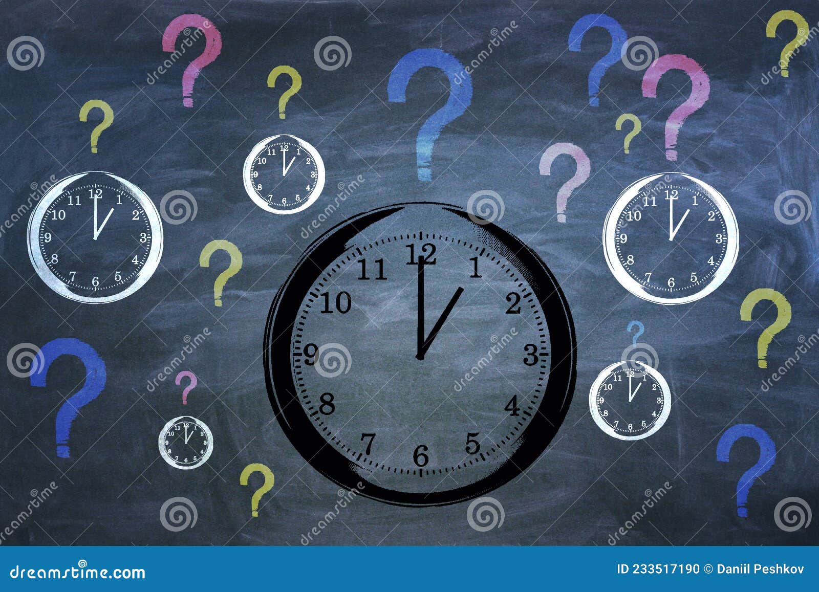 Creative Clock and Question Marks Sketch on Chalkboard Wall Background ...