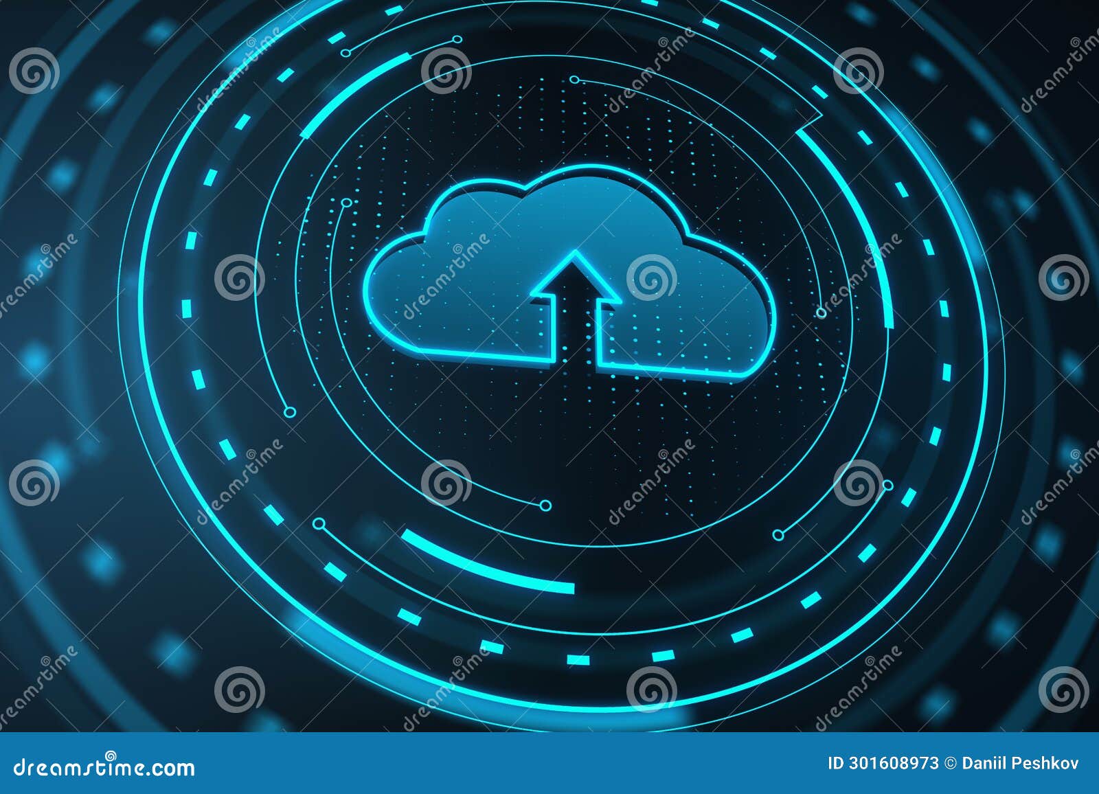 Creative Cloud Computing Hologram on Blurry Dark Blue Backdrop. Server ...