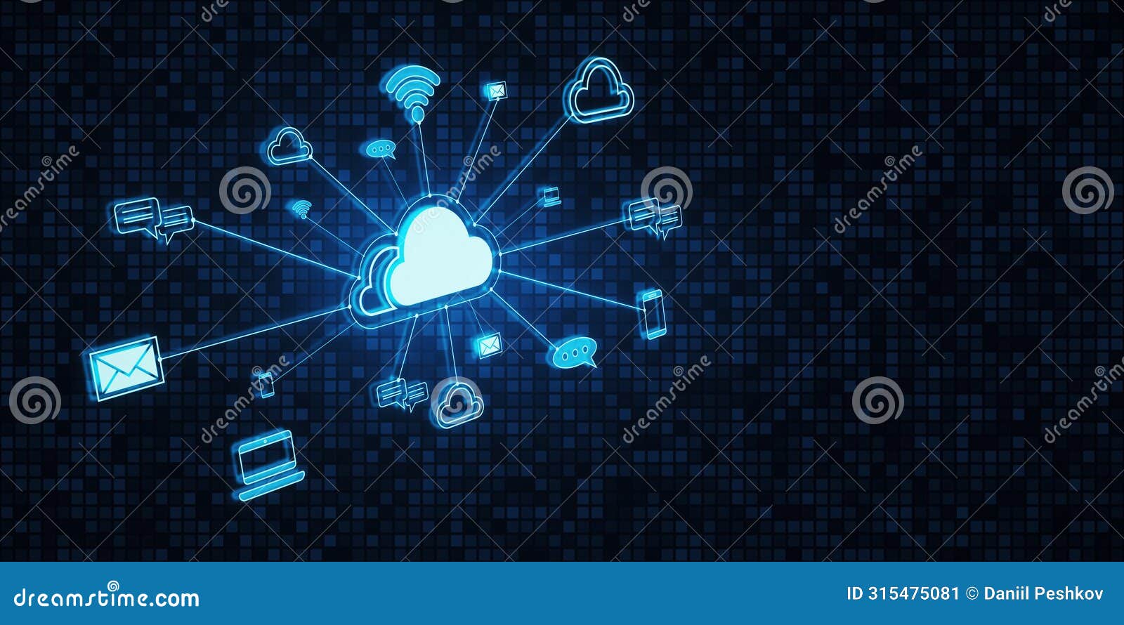 Creative Cloud Computing Hologram with Various Icons on Dark Background ...