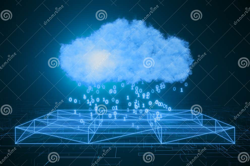 Creative Cloud Hologram with Binary Code Rain on Blurry Background. Cloud Computing and ...