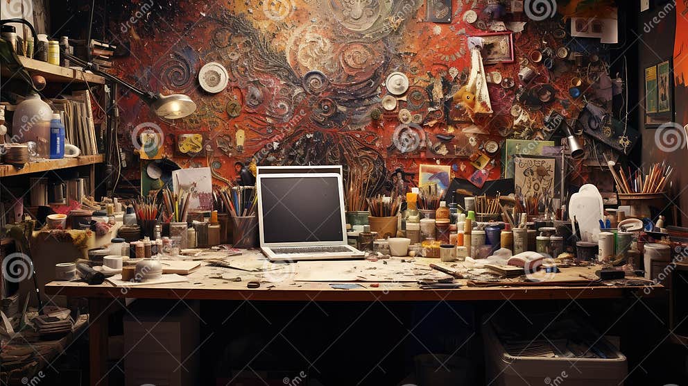 Creative clutter desk stock illustration. Illustration of materials ...