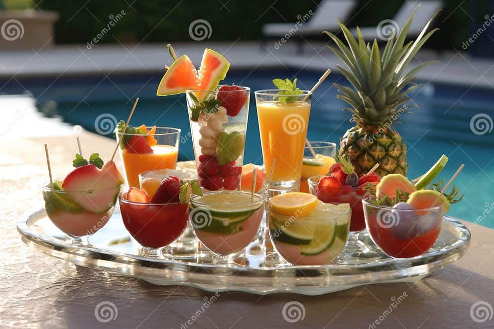 Creative Cocktail Garnish Display by the Poolside Stock Illustration ...