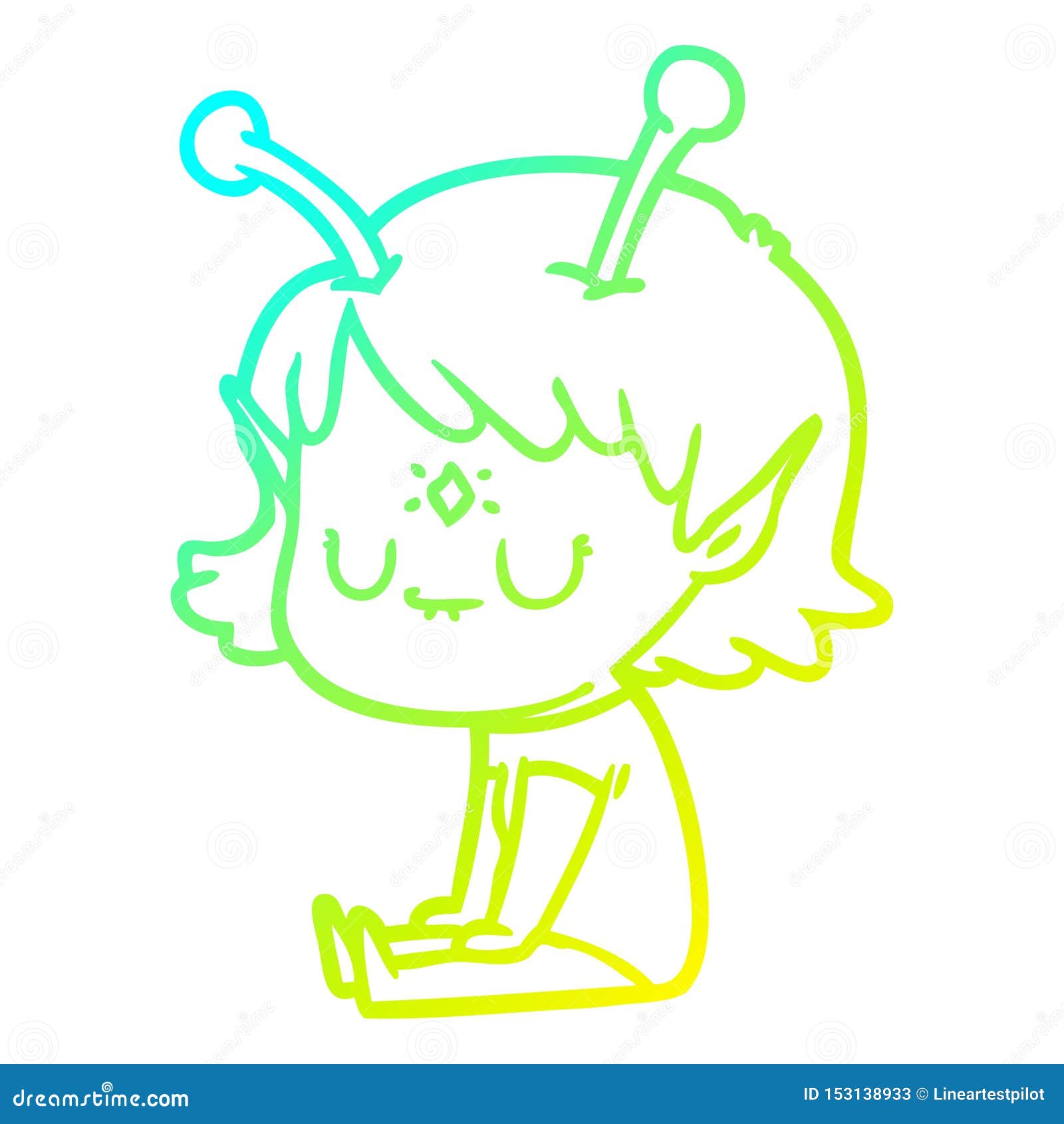 A Creative Cold Gradient Line Drawing Cartoon Alien Girl Sitting Stock ...