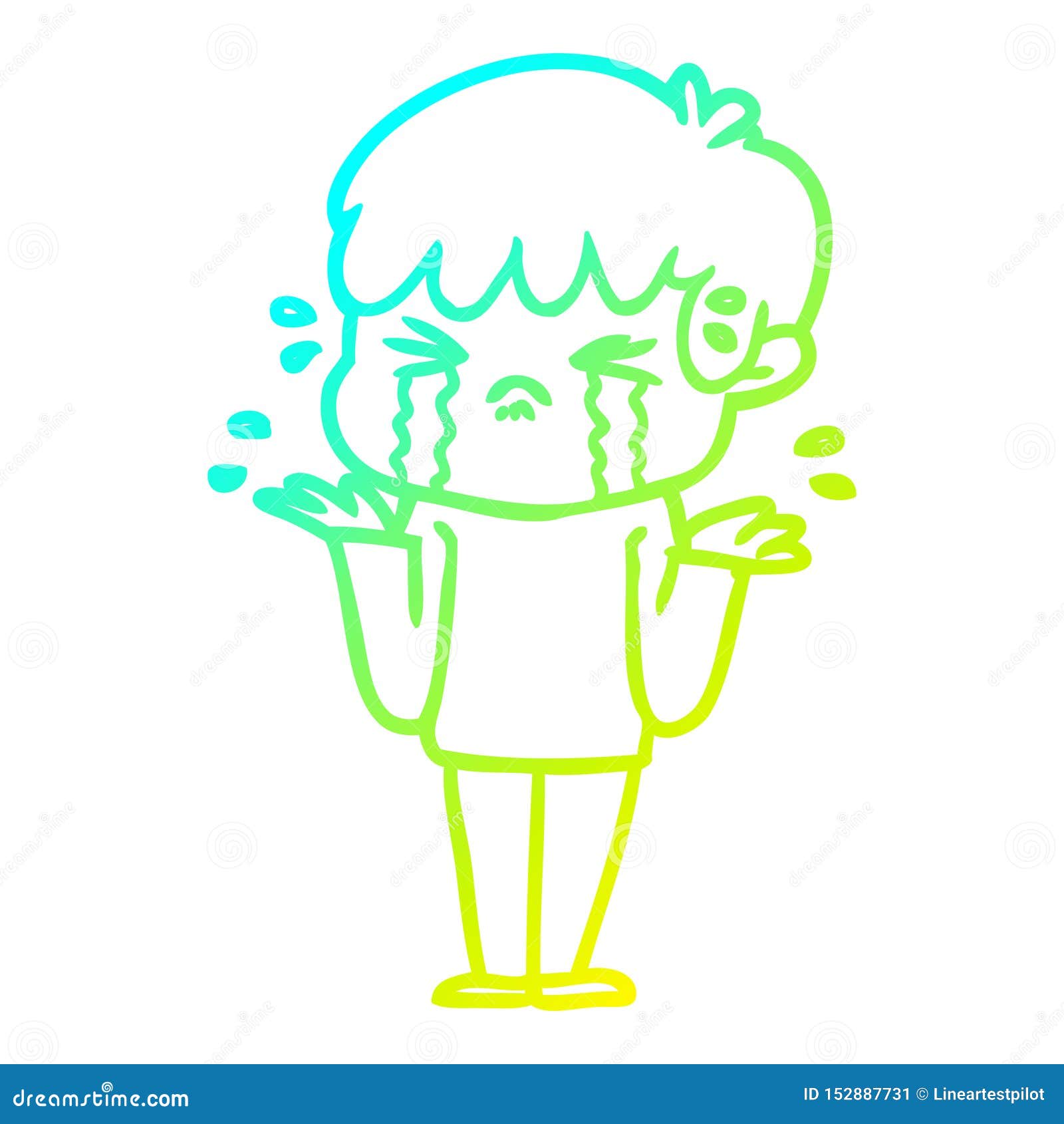 A Creative Cold Gradient Line Drawing Cartoon Boy Crying and Shrugging ...