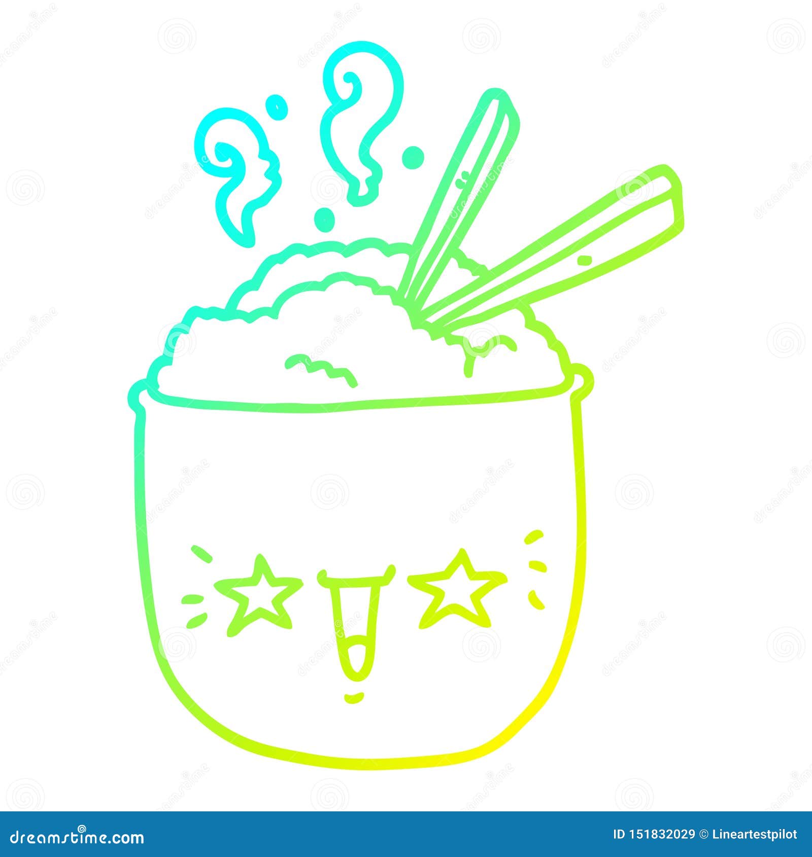 A Creative Cold Gradient Line Drawing Cartoon Rice Bowl with Face Stock ...