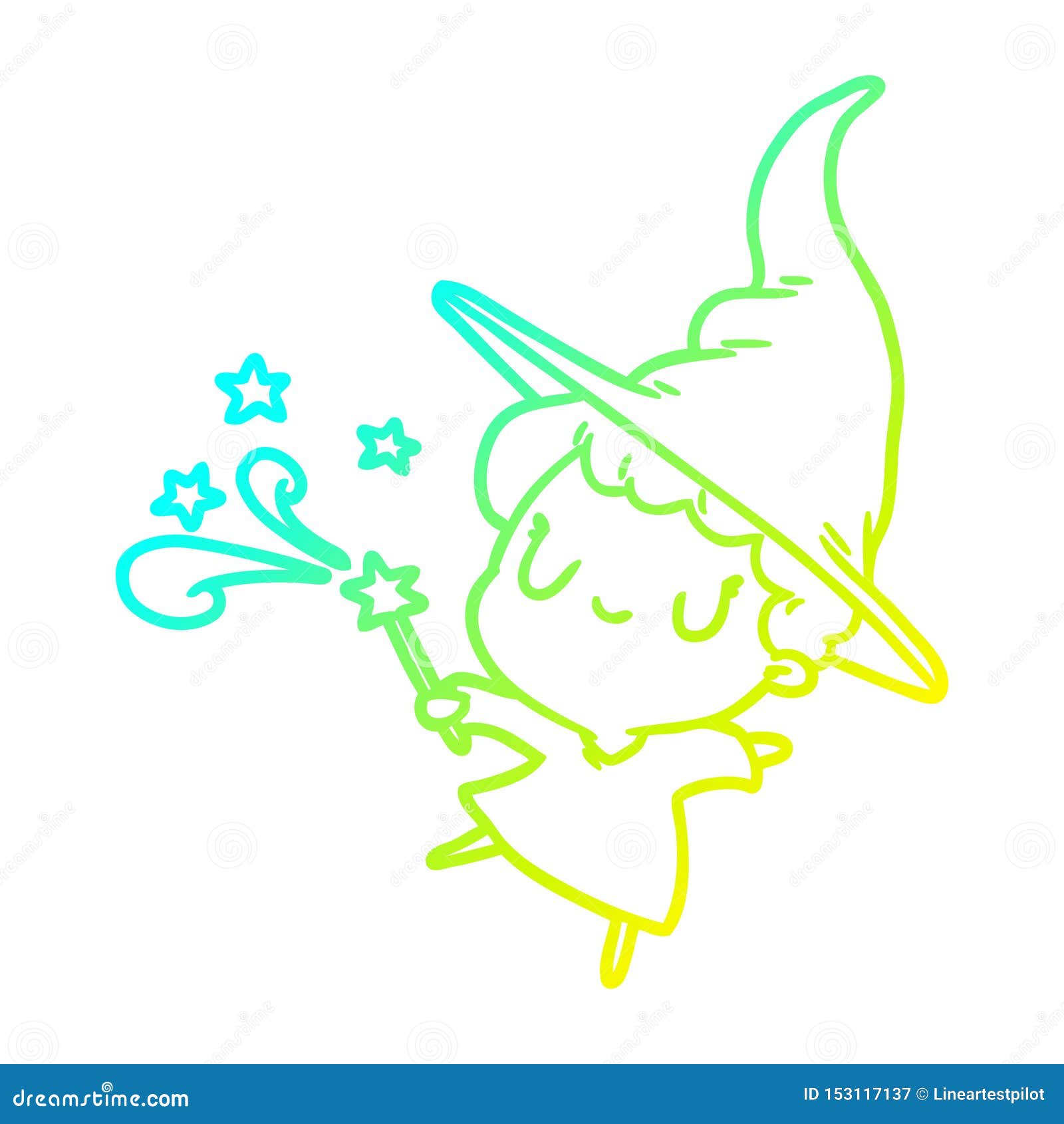 A Creative Cold Gradient Line Drawing Cute Witch Casting Spell Stock ...