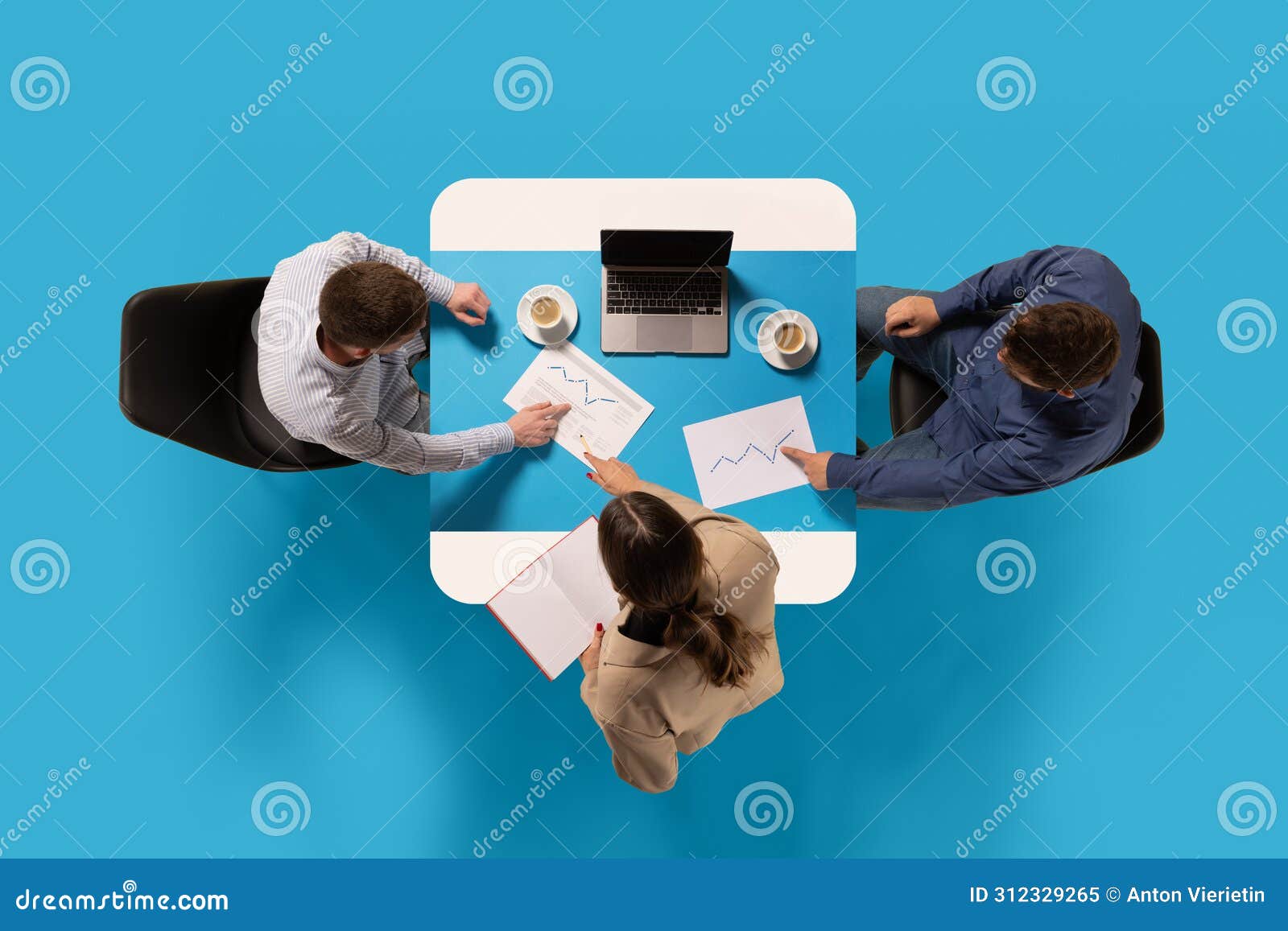 Creative Collage. Business People Sit at Common Table with Documents ...