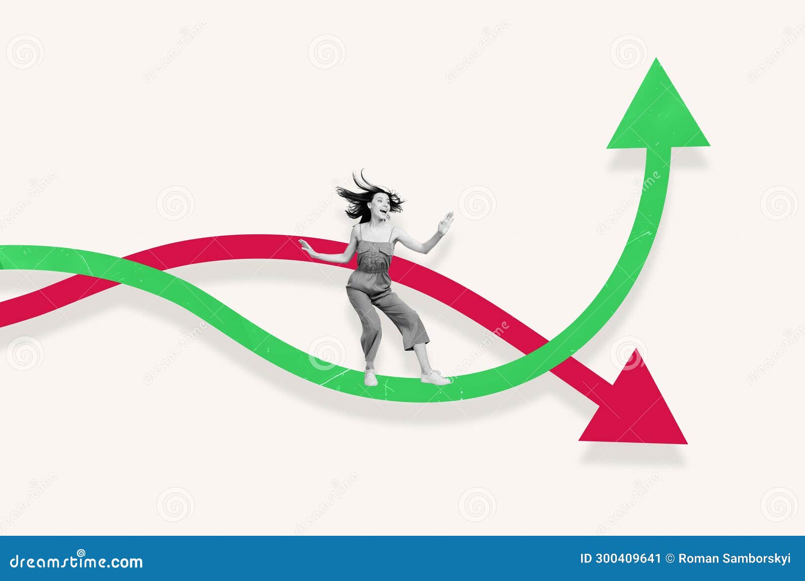 Creative Collage Illustration Picture Standing Young Woman Arrow Upwards Arrow Downwards Symbol ...