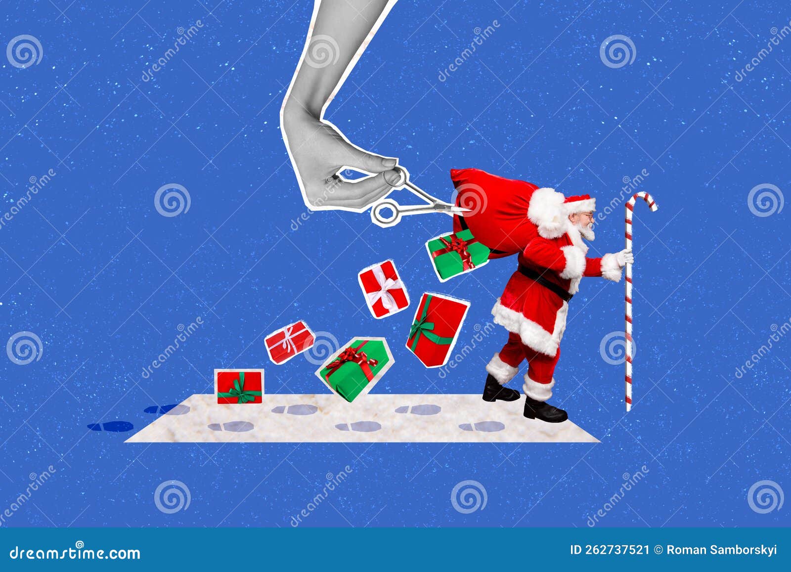 Creative Collage Image of Black White Arm Hold Scissors Cut Mini Santa ... Creative Collage Image of Black White Arm Hold Scissors Cut Mini Santa ...