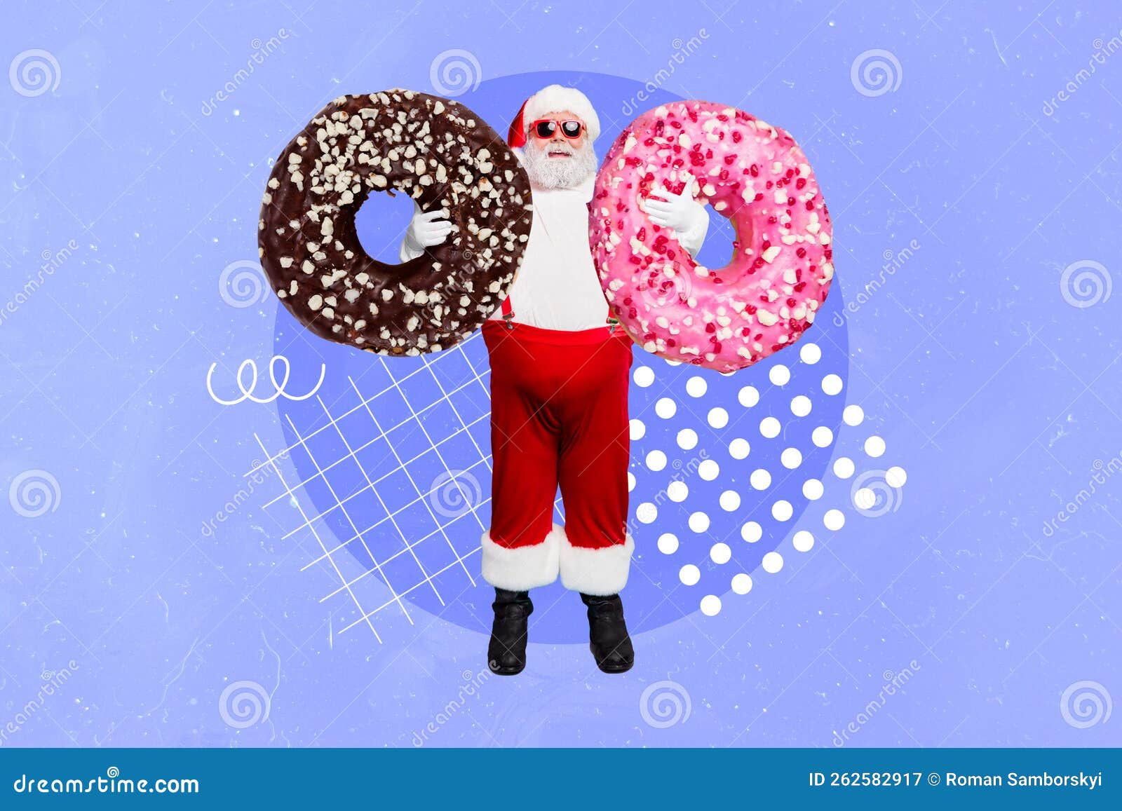 Creative Collage Image of Funky Santa Hands Hold Big Glazed Donuts ...