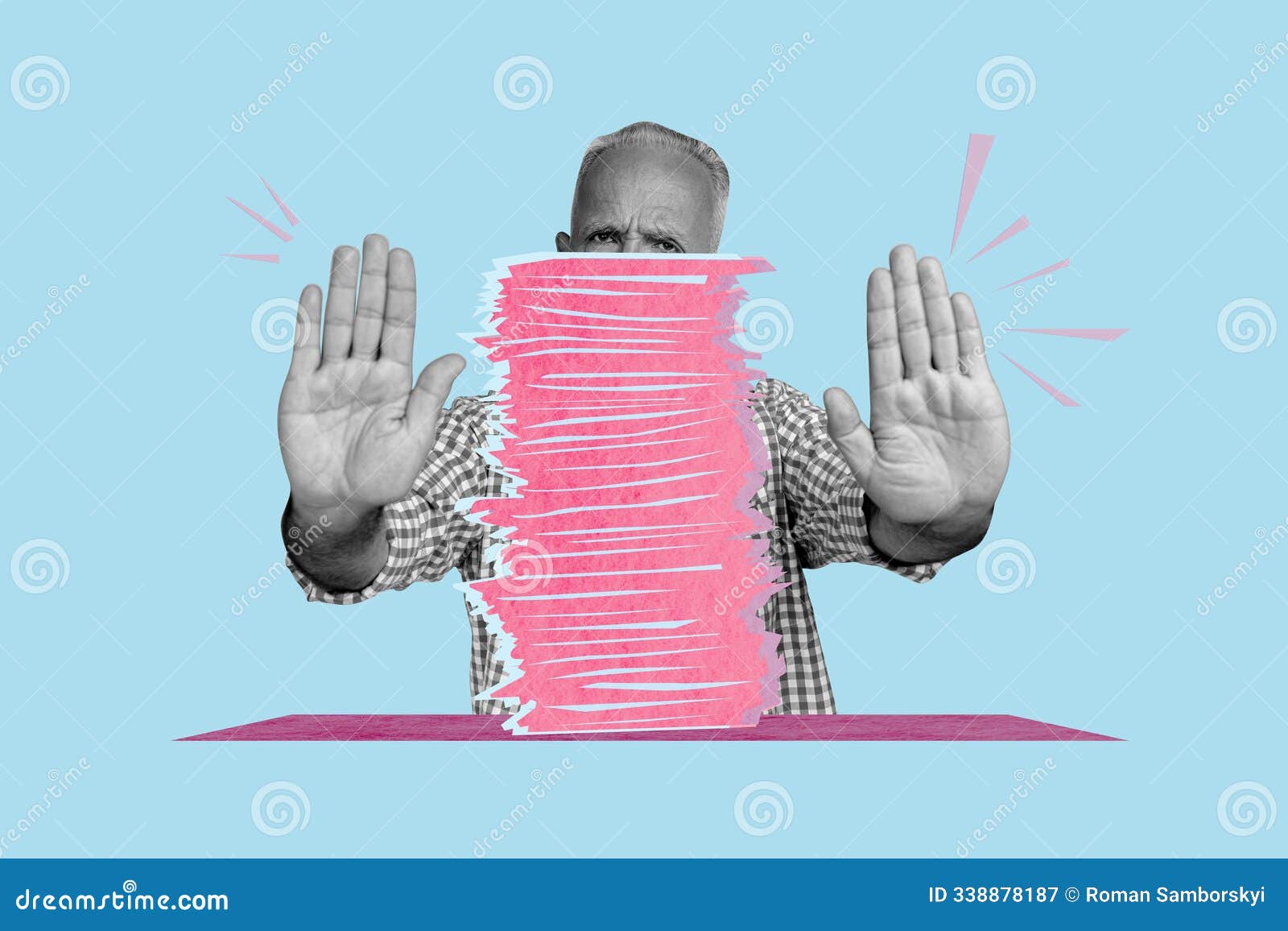 Creative Collage Image Retired Man Grandfather Palms Hands Stop Gesture ...