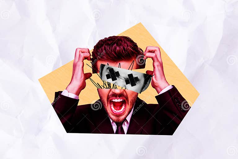 Creative Collage Image of Stressed Outraged Elegant Guy Scream Head ...