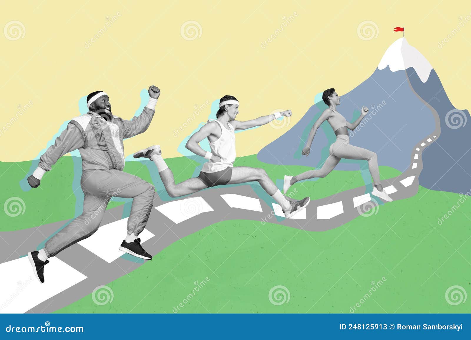 Creative Collage Image or Three People Running Contest Mountain Top ...
