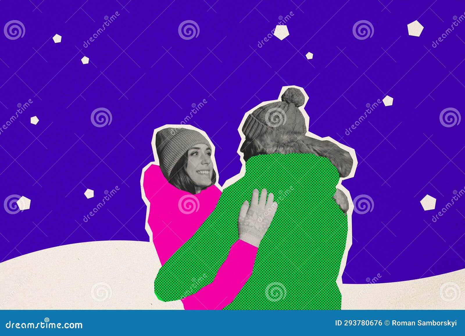 Creative Collage Image of Two Black White Effect Positive Partners ...