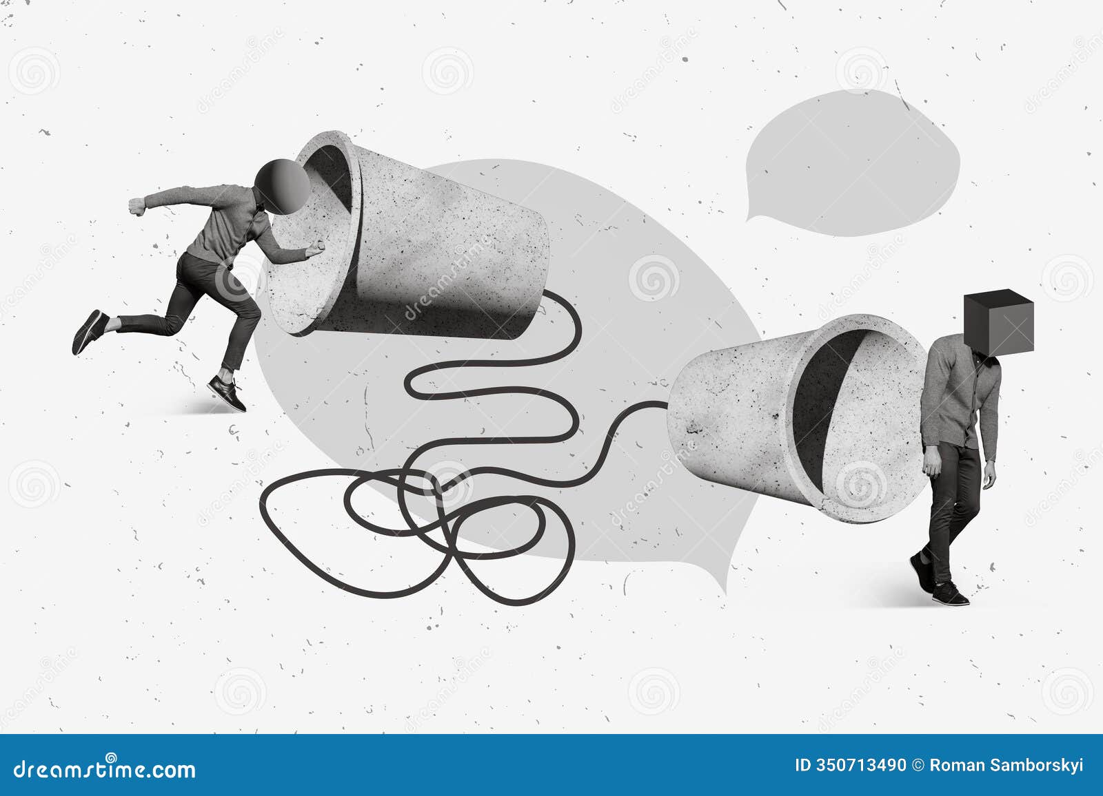 Creative Collage Image of Two Mini People Plastic Cup String Connection ...