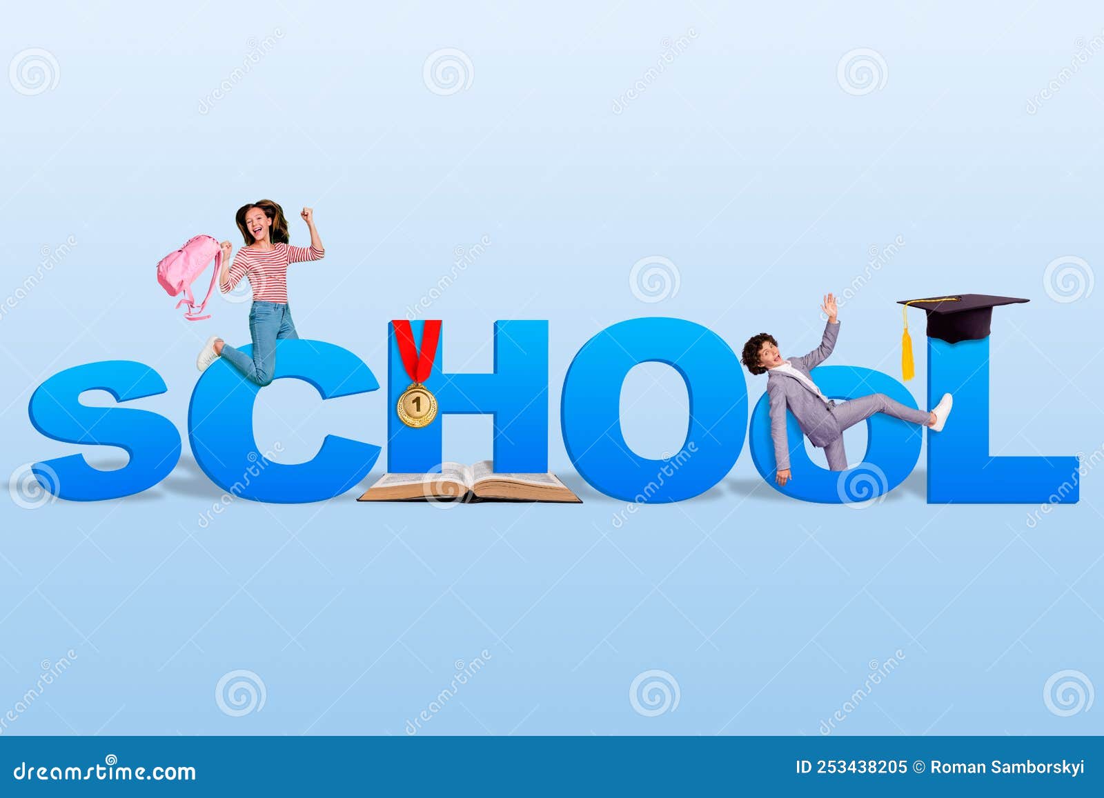 Creative Collage Image of Two Small Kids Huge School Text Letters ...