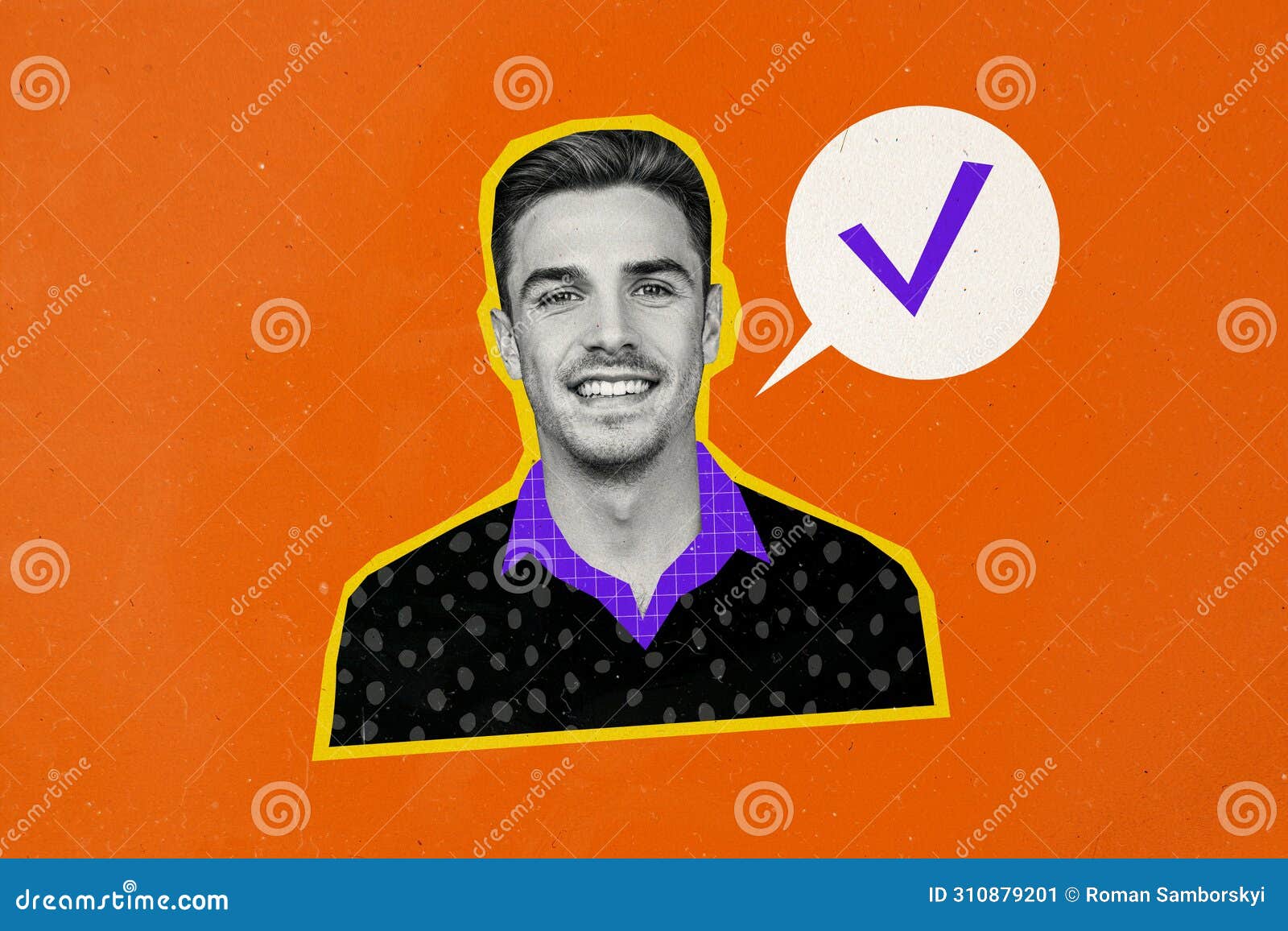 Creative Collage Image Young Smiling Man Checkmark Tick Textbox Phrase ...