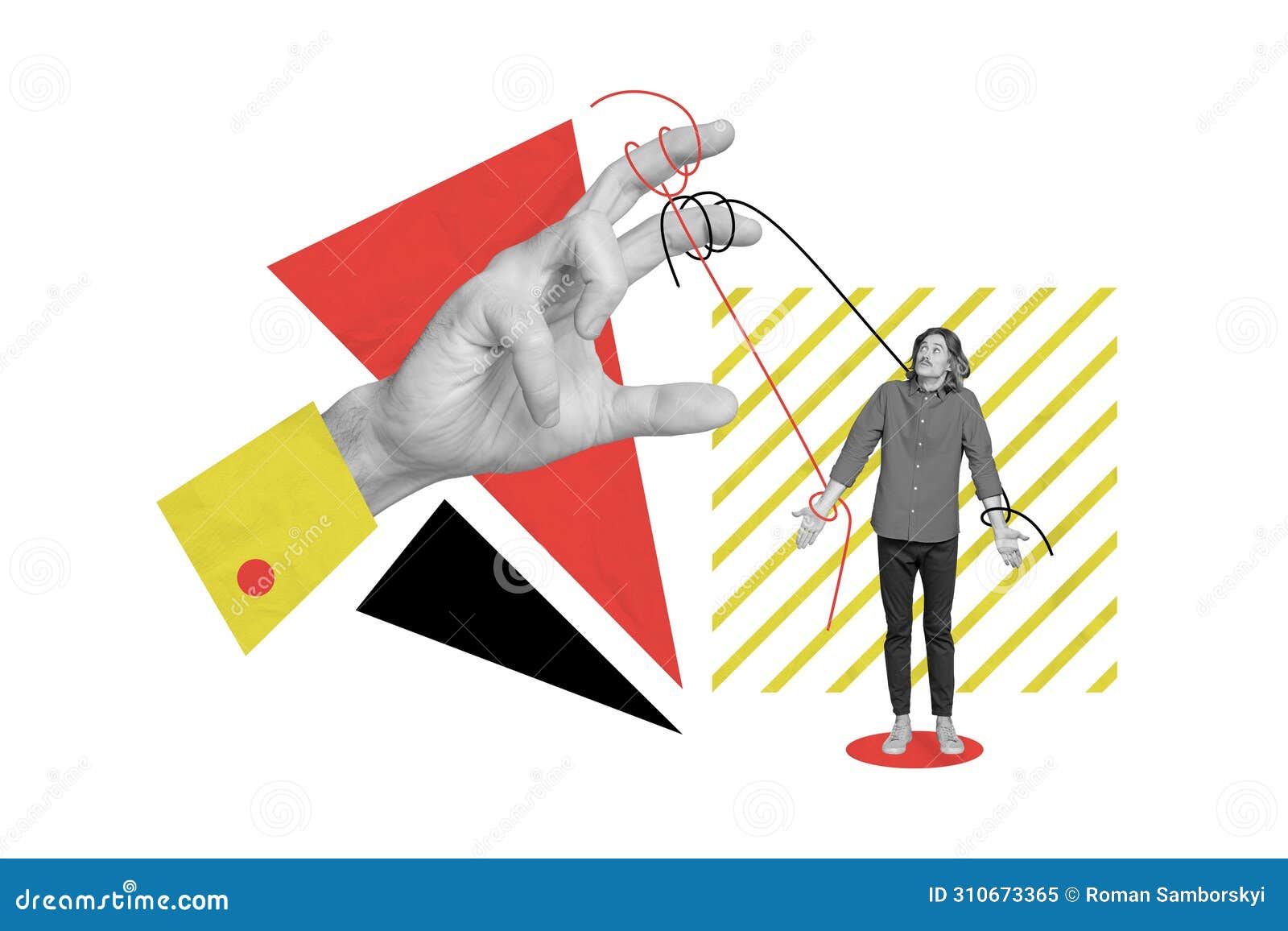 Creative Collage Image Young Standing Man Rope Strings Control ...