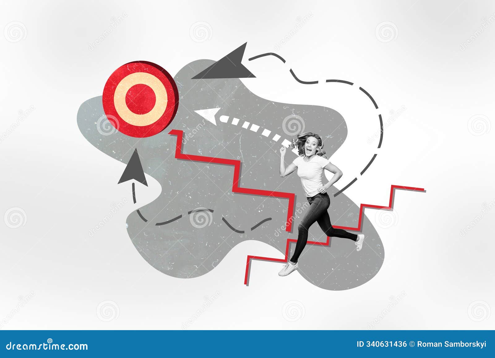 Creative Collage Image Young Woman Run Achieve Goal Aim Target ...