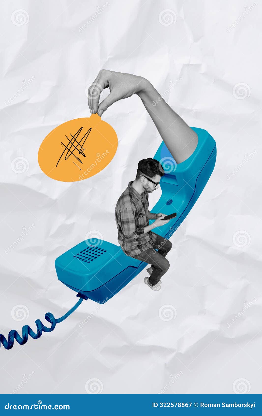 Creative Collage of Man Sit Handset Speech Bubble Communication ...