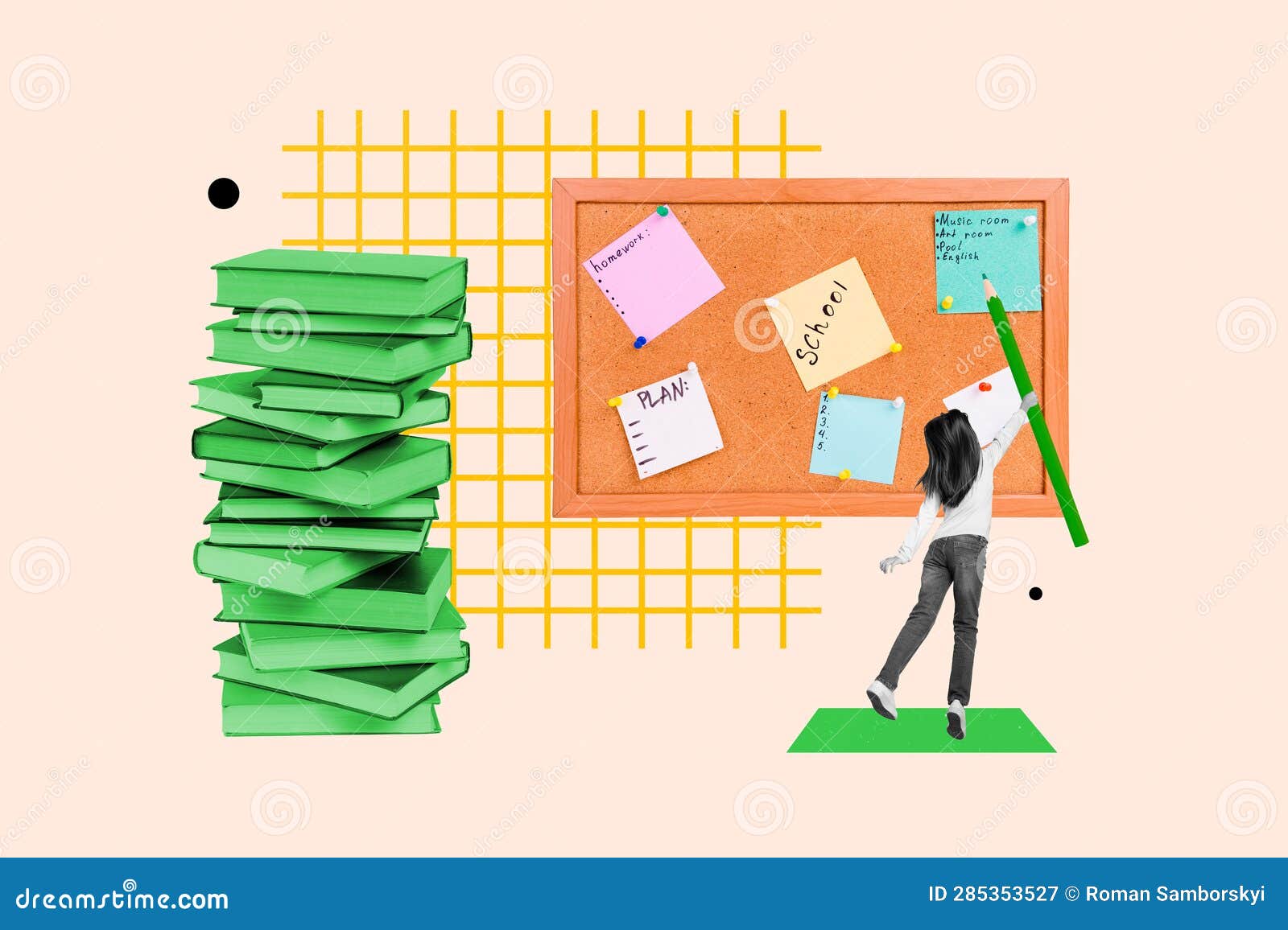 Creative Collage of Mini Black White Effect Girl Hold Big Pencil Write ...