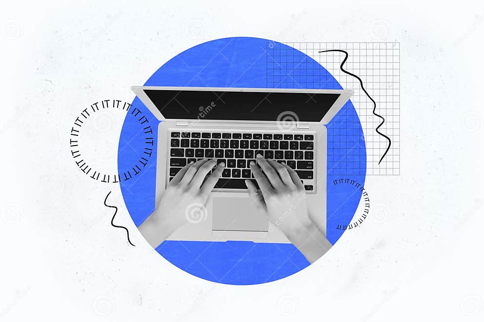 Creative Collage Picture Hands Body Fragments Typing Laptop Digital Device Remote Work Keyboard ...