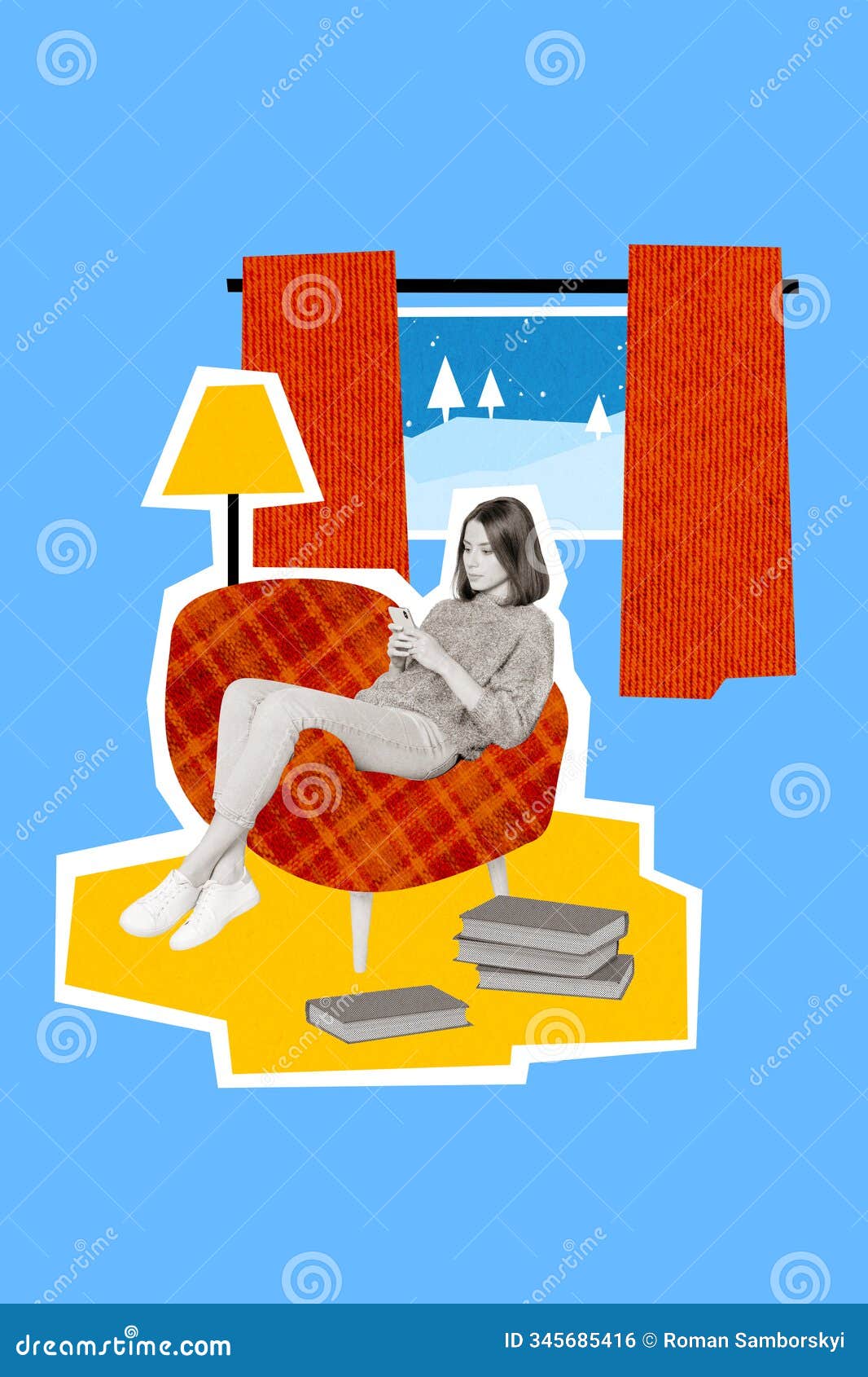 Creative Collage Picture Image of Lady Sitting in Warm Comfy Flat Using ...