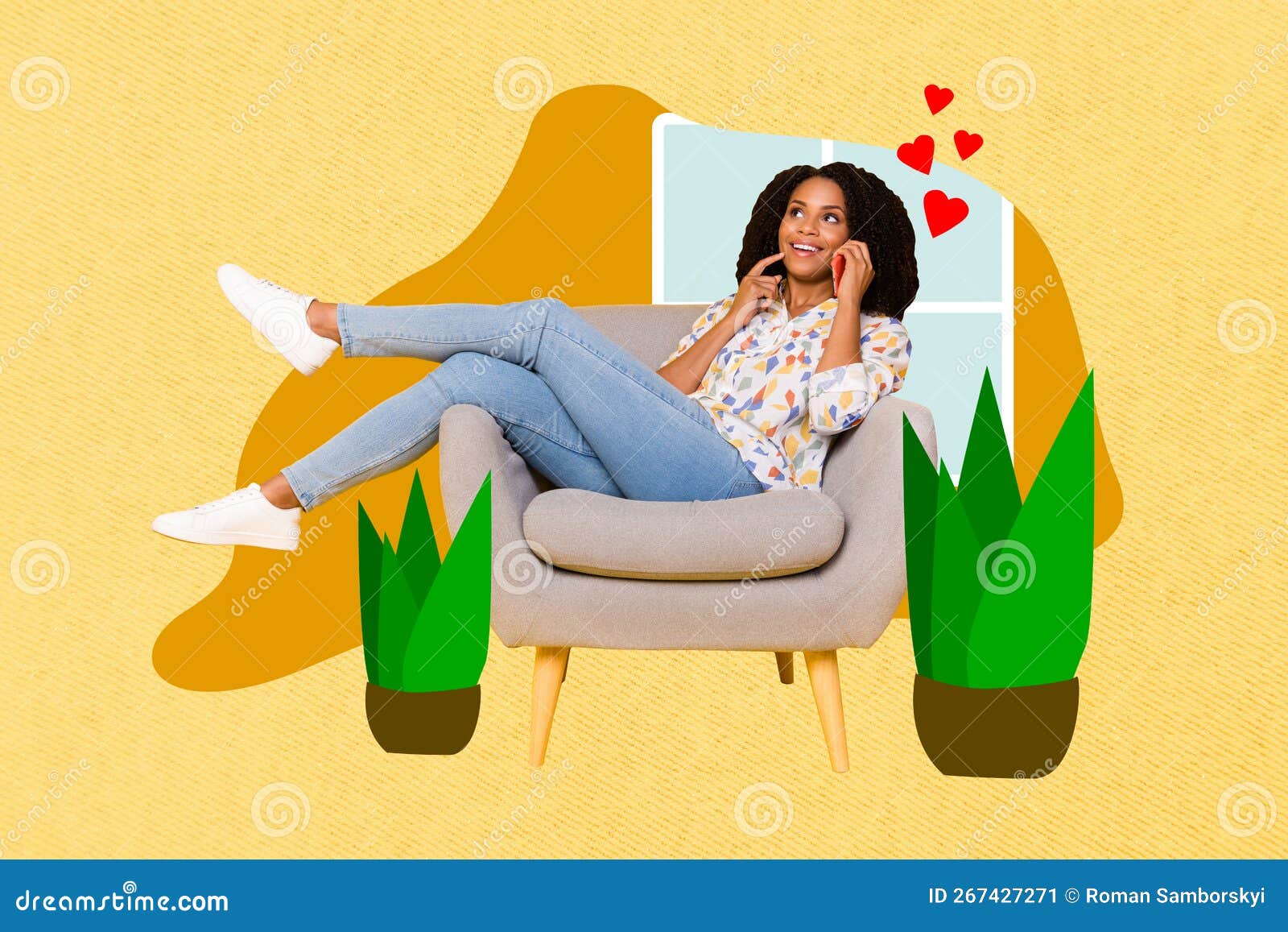 Creative Collage Picture Of Positive Peaceful Girl Sit Chair Speak