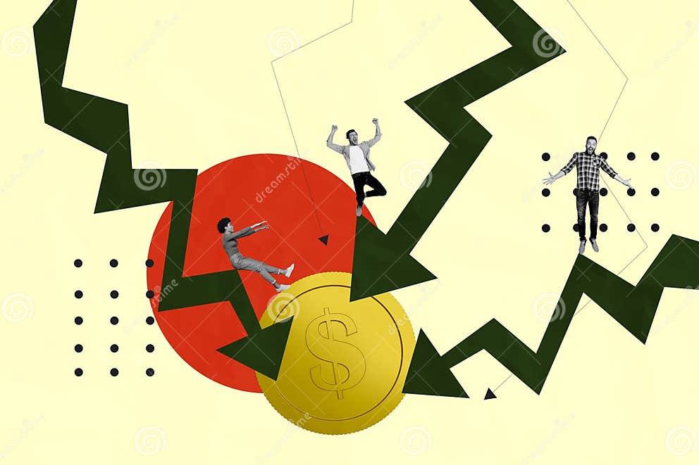 Creative Collage Picture Young Businesspeople Money Economy Recession Inflation Golden Coin ...