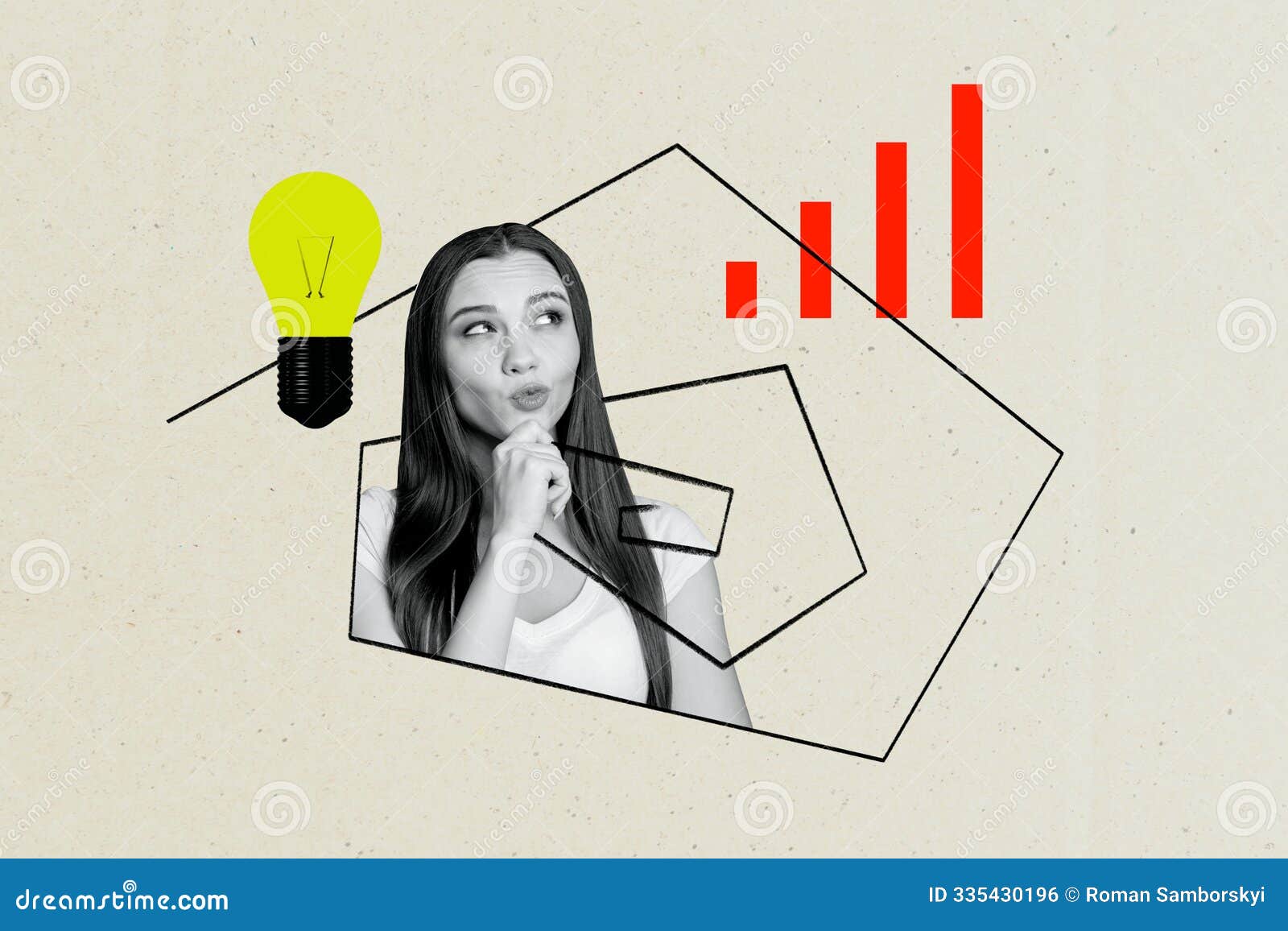 Creative Collage Picture Young Thoughtful Woman Decide Think Lightbulb ...