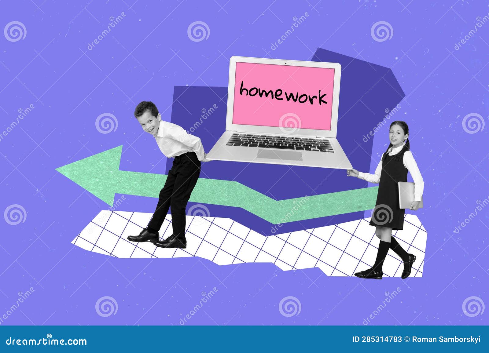 Creative Collage of Two Mini Black White Effect Kids Hold Huge Netbook ...