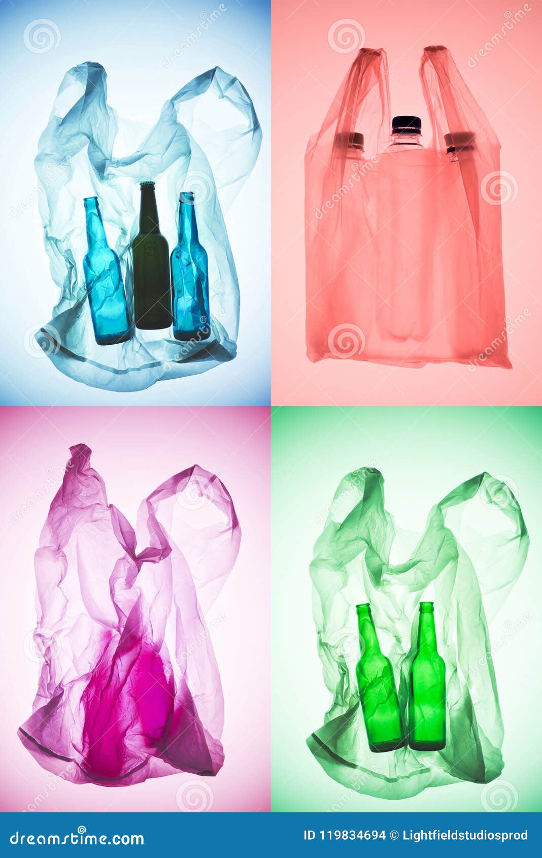Creative Collage of Various Colorful Plastic Bags with Bottles Stock ...