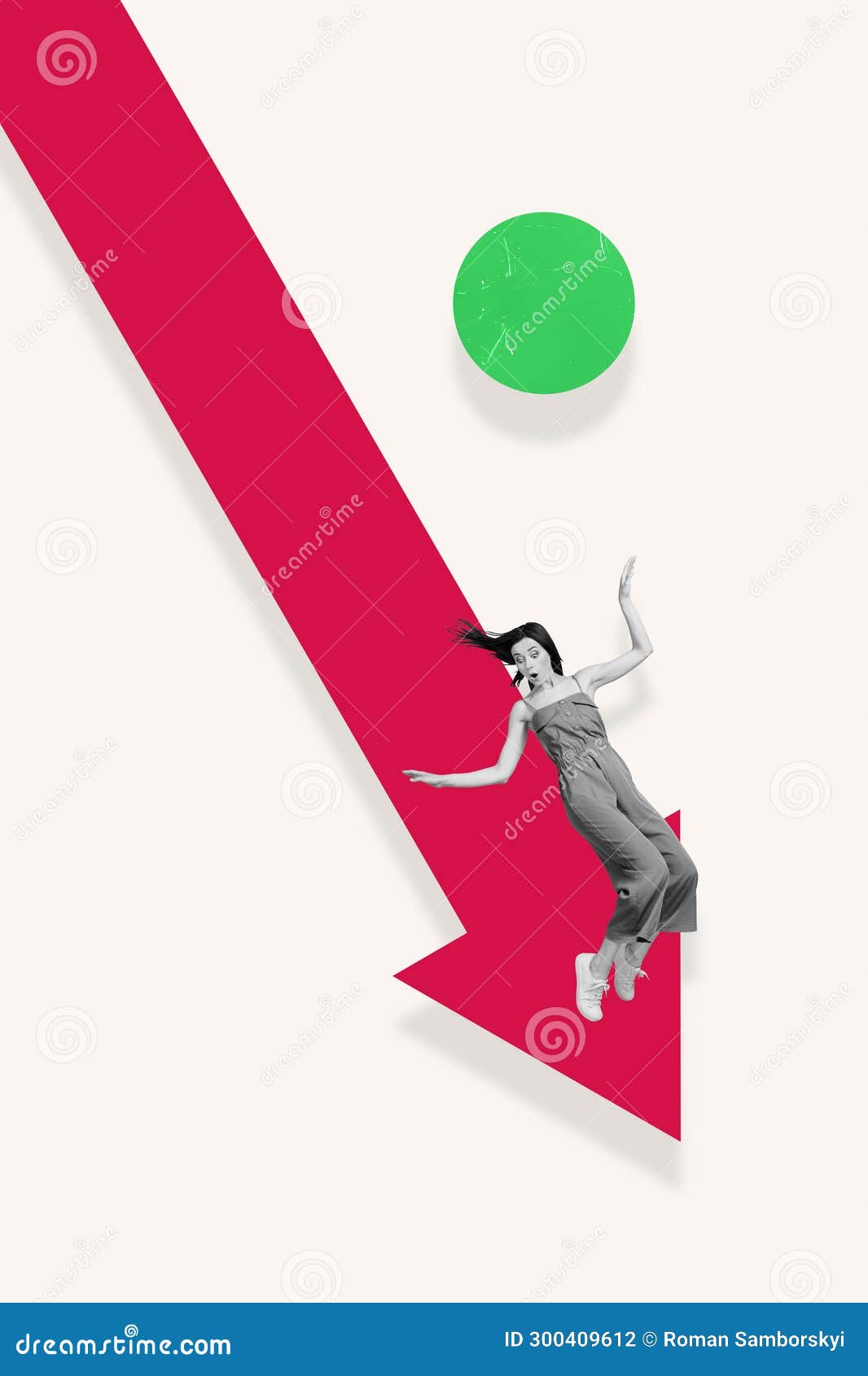 Creative Collage Vertical Poster Banner Falling Young Girl Red Arrow Downwards Decrease Fail ...